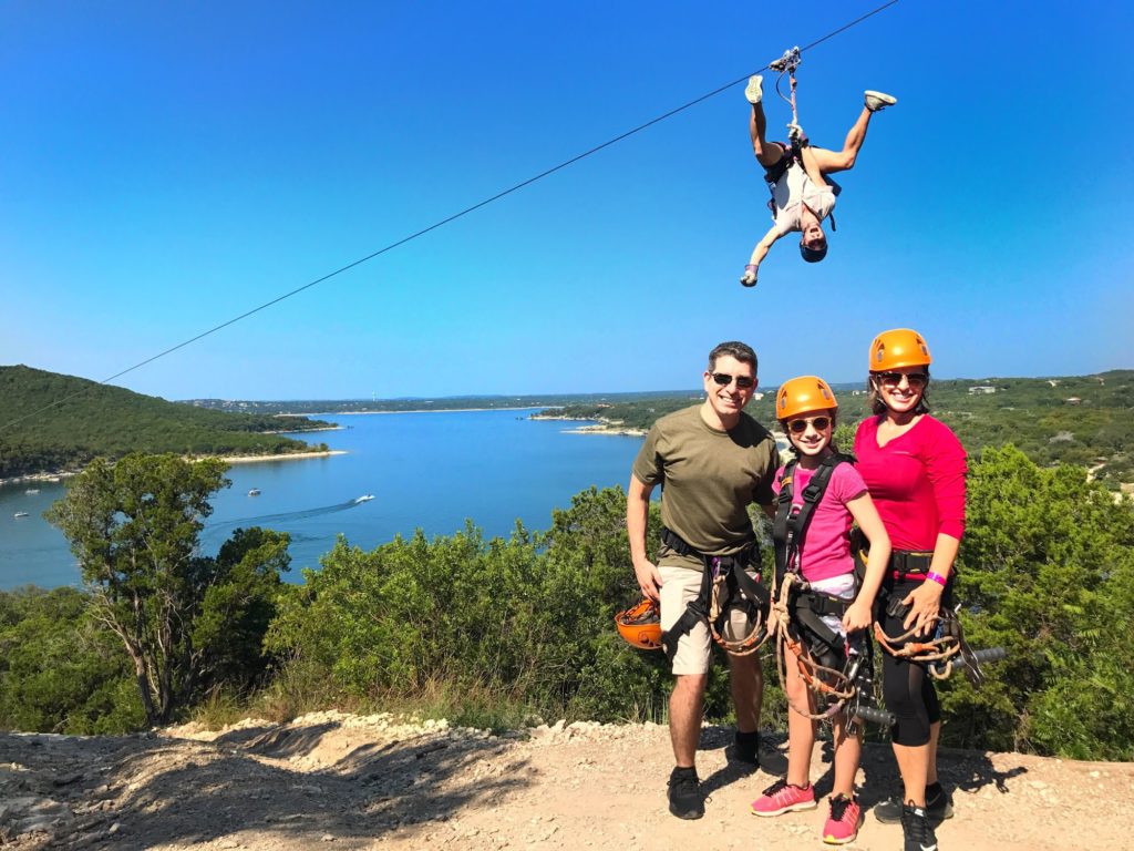 Zip lining adventure over Lake Travis, in Hill Country, Austin.